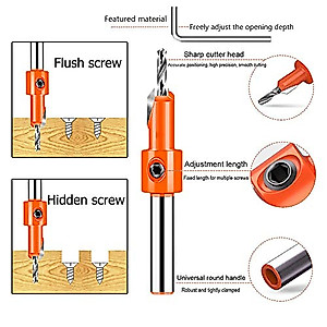 Countersink Drill Bit Set, Wood Hole Timber Working Drill Bits for Wood Screw Cutter Adjustable with Hex Key Wrench 6 Sizes 2.8×8, 2.8×10, 3×8, 3×10, 3.2×8, 3.2×10
