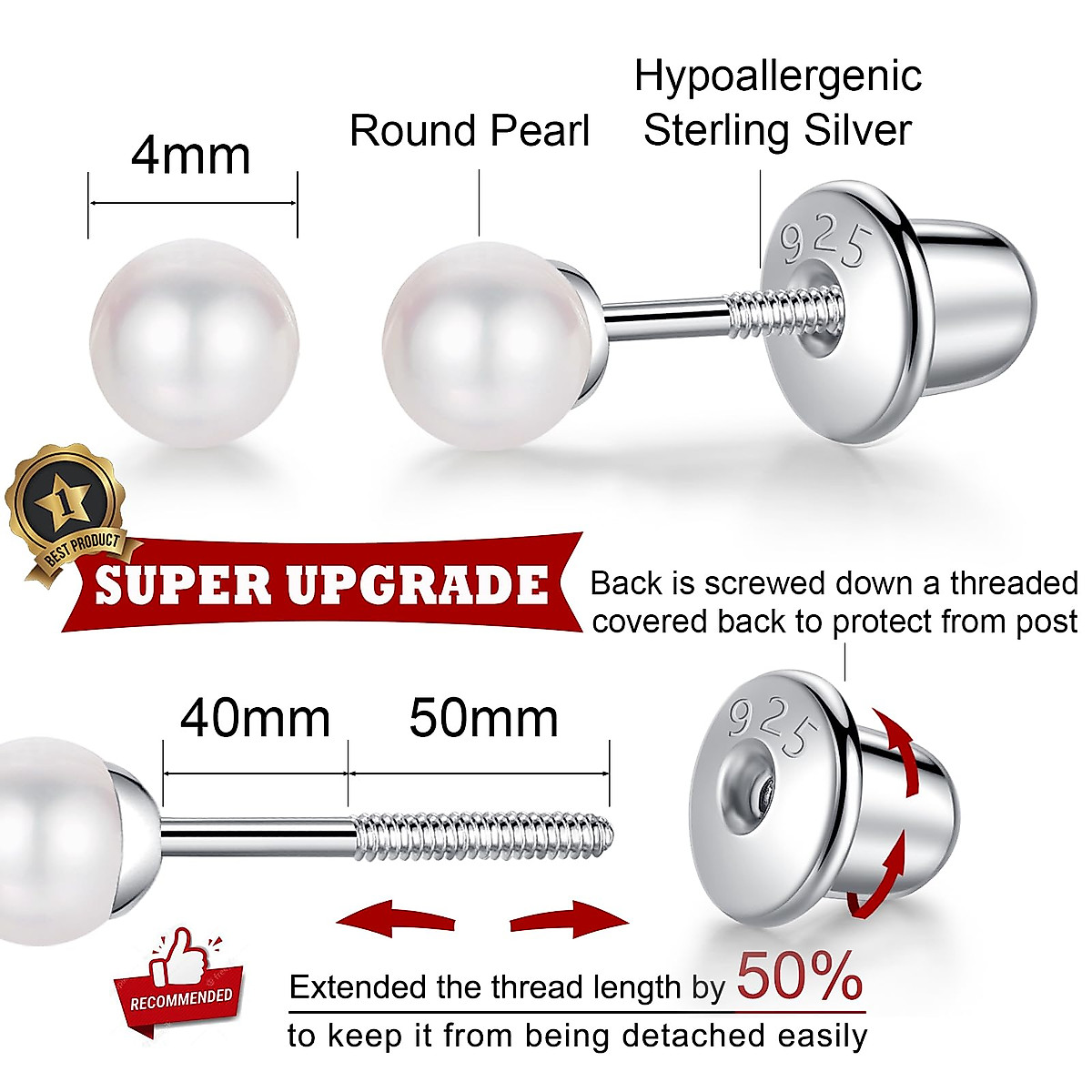 LUCKMORA 925 Sterling Silver Small Pearl Earrings with safety backs in 4 mm White Simulated Pearl Hypoallergenic Screwback Earrings for Women (4mm)