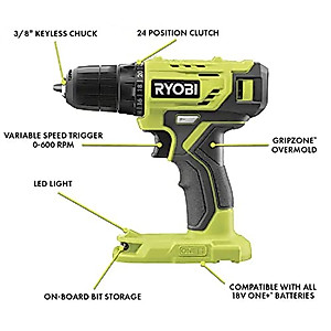 Cordless Drill Set Bundle with Ryobi 18V ONE+ Drill Driver, 3/8 Inch Chuck, 40 Piece Drill Bit Set, 1.5 Ah 18-Volt Lithium-ion Battery, 18-Volt Charger and Buho 16 Inch Tool Bag