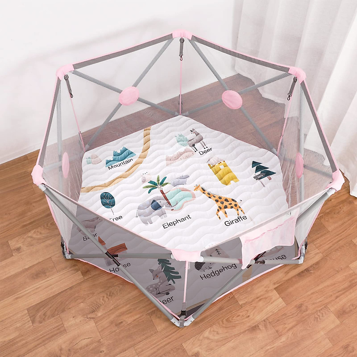 let's make Hexagon Playpen Mat Soft Area Rug | Baby Playmat Fits Regalo Portable Play Yard 48 Inch and hiccapop 53" PlayPod Playpen | Non-Slip Kids Rug with Cute Woodland Animals for Nursery Room