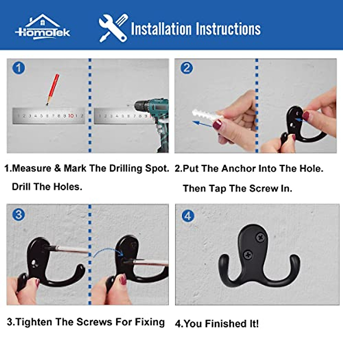 HOMOTEK 4 Pack Heavy Duty Coat Hooks Wall Mounted Double Prong(Left and Right) Rustproof Coat Hooks Hardware Retro Dual Robe Hanger for Coat,Towel, Scarf, Hat, Bag, Key, Shoes, Oil Rubbed Bronze