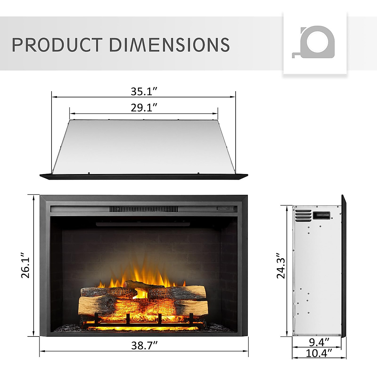 LegendFlame Carl 28" W Electric Fireplace Insert (EF262), Fireplace Heater 750/1500W, Fire Crackling Sound, Remote Control