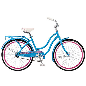 Schwinn Baywood Beach Cruiser Bike for Men Women, Ages 8 Up or Rider Height 4'8"-5'6", 24-Inch Wheels, Single Speed, Rear Cargo Rack, Bright Blue
