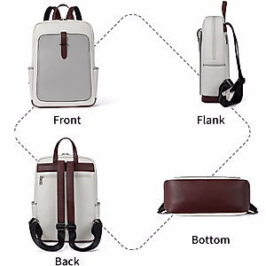 BROMEN Laptop Backpack Purse for Women Vegan Leather Travel 15.6 inch Computer Bag Fashion College Bookbag White Oak with Gray