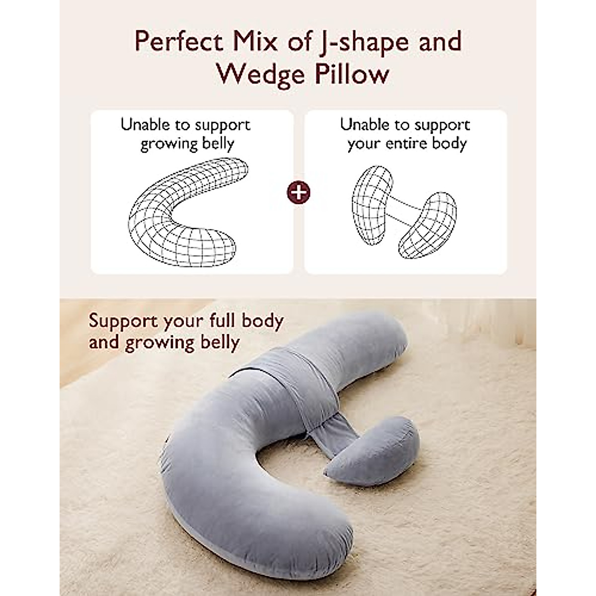 Momcozy Pregnancy Pillows, Original F Shaped Maternity Pillow for Pregnant Women with Adjustable Wedge Pillow, Full Body Support Pregnancy Pillows for Side Sleeping with Velvet Cover, Grey
