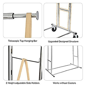 ALUPOM Extendable Double Rod Clothing Rack on Wheels, Heavy Duty Rolling Commercial Garment Rack, Chrome Clothes Rack for Hanging Clothes