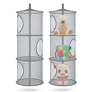 coastal rose 2Pcs Stuffed Animal Storage Foldable Stuffed Animal Net or Hammock Organizer, 3 Compartments Hanging Mesh Toy Storage Hammock for Kid Room Toys, Gloves, Hats, Socks（Grey）