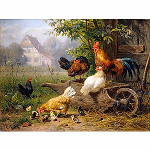 Farm Rooster Chickens by Carl Jutz Accent Tile Mural Kitchen Bathroom Wall Backsplash Behind Stove Range Sink Splashback One Tile 10"x8" Ceramic, Matte