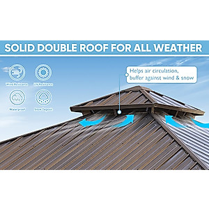 12x12FT Outdoor Gazebo with Double-tiered Roof and Curtains, Permanent Hardtop Pergola with Steel Canopy, Pavilion Gazebo with Metal Nets and Drainage Ditch Design for All Seasons, Backyard, Bronze