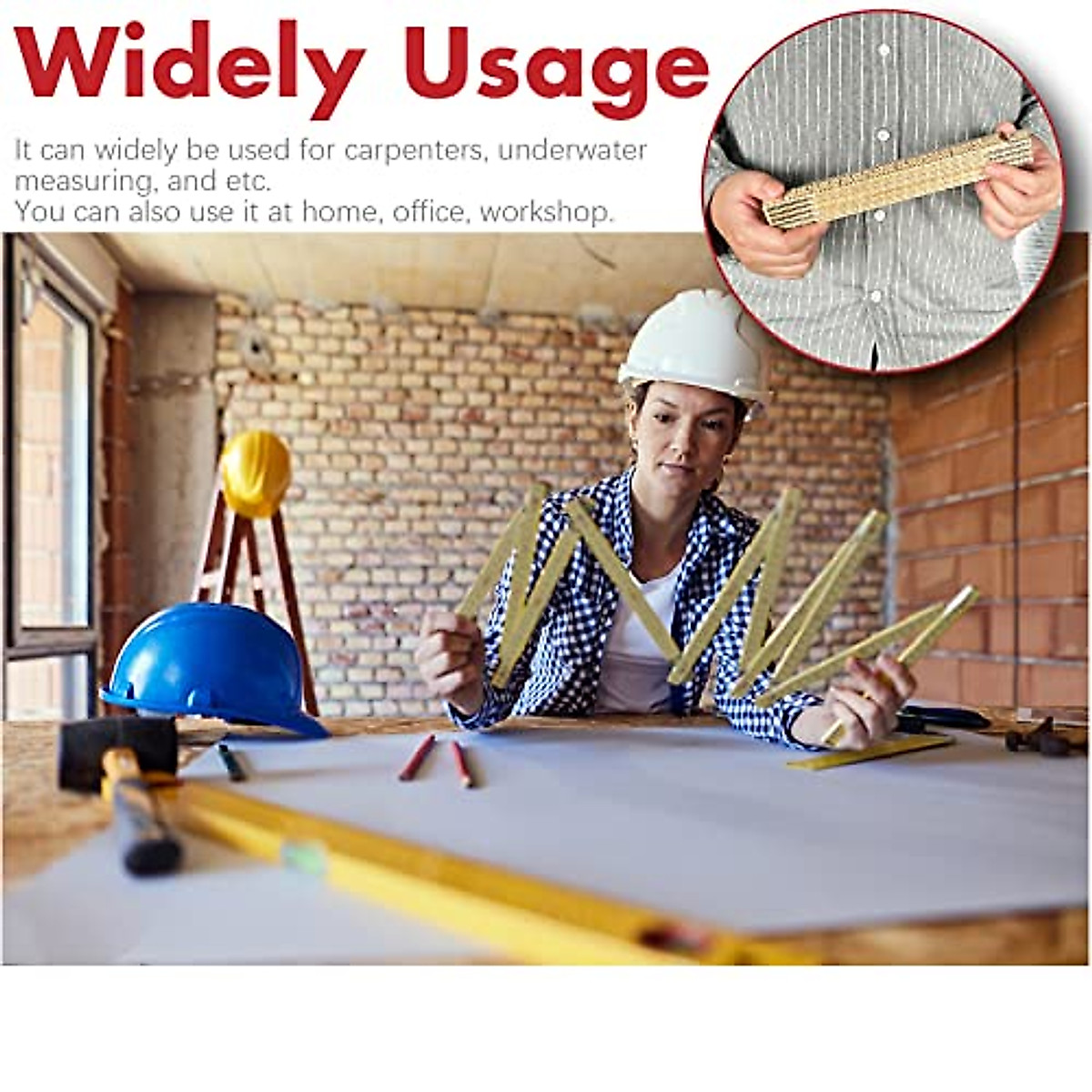 Jeemiter Wood Folding Rule, 6.5FT 2M Foldable Ruler with Inch and Metric Measurements for Carpenters