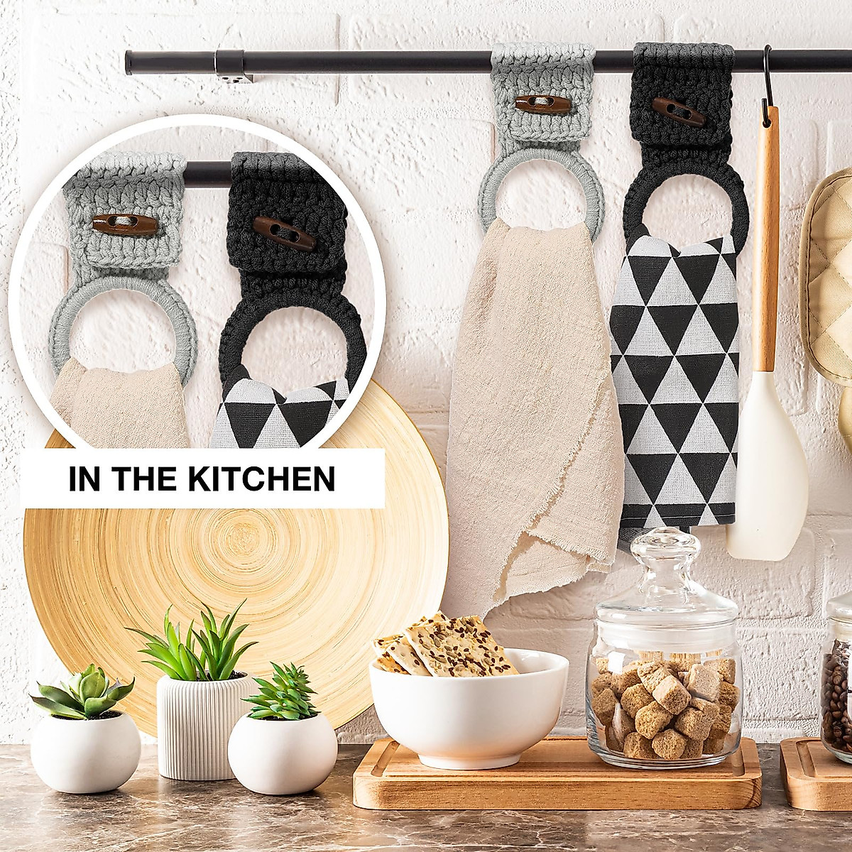 Hoolerry 8 Pcs Hanging Kitchen Towels Ring Crochet Hanging Dish Towel Holder with Loop Button for House Oven Stove Door, 8 Colors(Vivid Colors,Round)