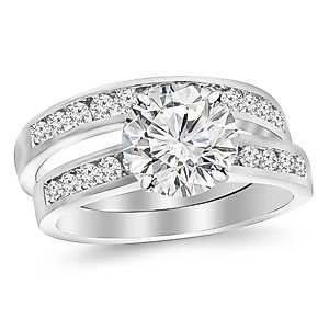 14K White Gold 1.2 CTW Round Cut Classic Channel Set Wedding Set Bridal Band & Diamond Engagement Ring, F-G Color SI1-SI2 Clarity, 0.5 Ct Center