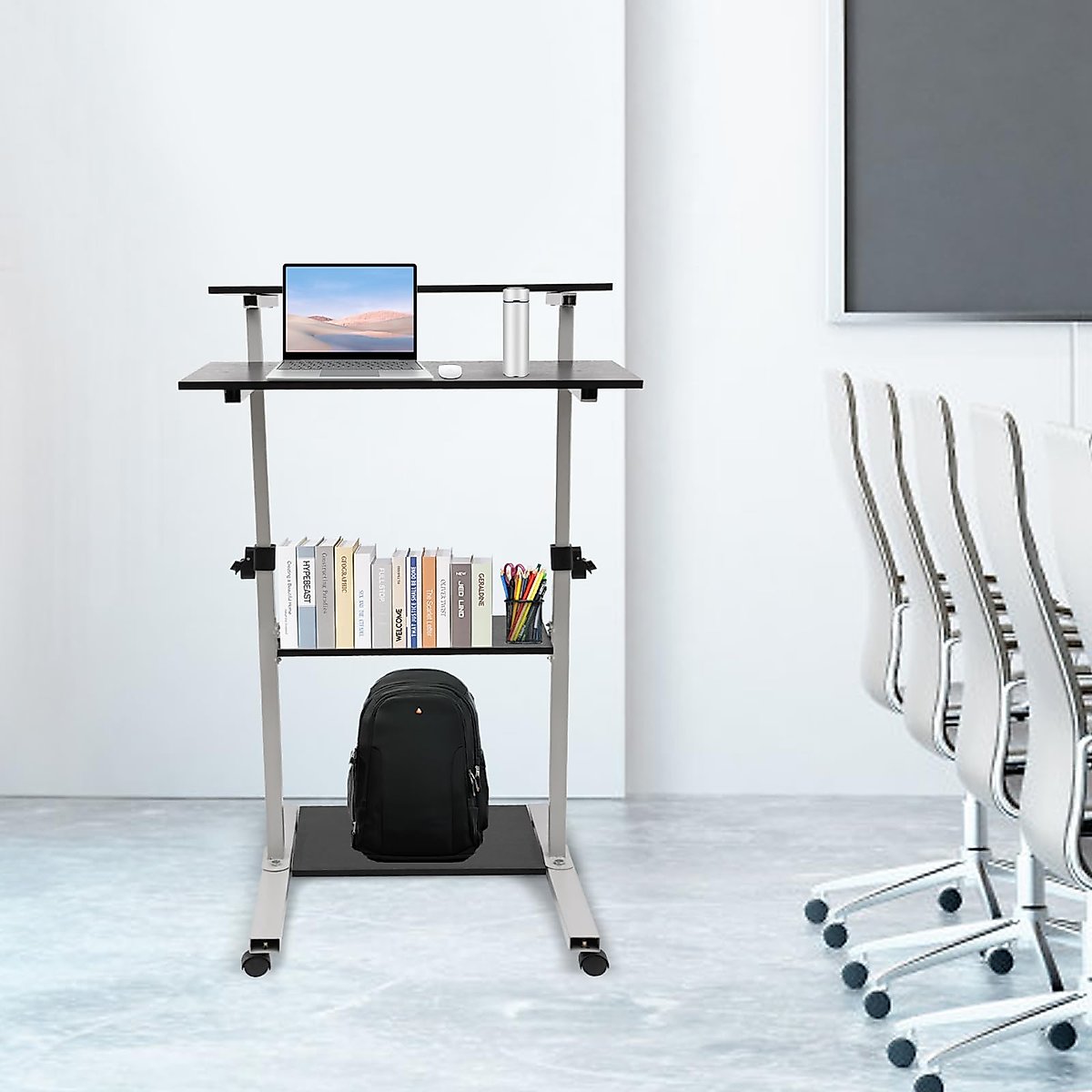 Ghankopd Mobile Laptop Computer Desk Stand Up Computer Desk Standing Workstation Rolling Desk Adjustable Height with Locking Wheels Storage and Slideout Keyboard Tray (Black, 27Inch)