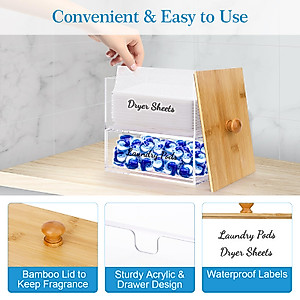 JYPS Acrylic Dryer Sheet Holder with Drawer and Bamboo Lid, Clear Laundry Room Organization and Storage，Dryer Sheet Laundry Pods Containter Box for Laundry Room Decor