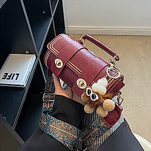 RTGGSEL Retro Vegan Leather Crossbody Shoulder Duffel Barrel Bags for Women Small Tote Satchel Handbags Purse (Wine Red)