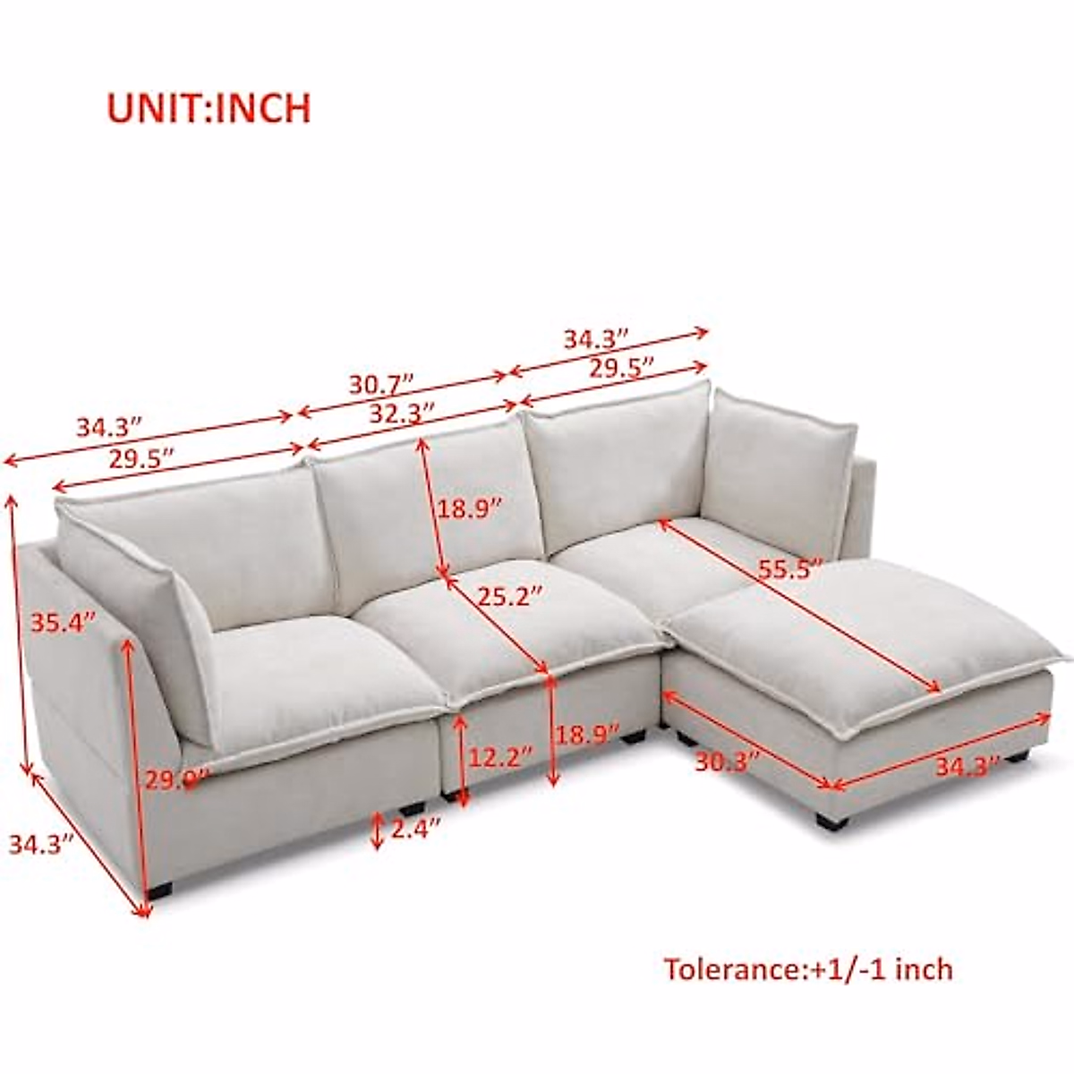L-Shape Convertible Modular Down Feather Sectional Sofa, Modern Deep Seat Reversible Chaises Upholstered Cloud Couch Sleeper Sofá with Movable Ottomans for Home, Apartment Living Room
