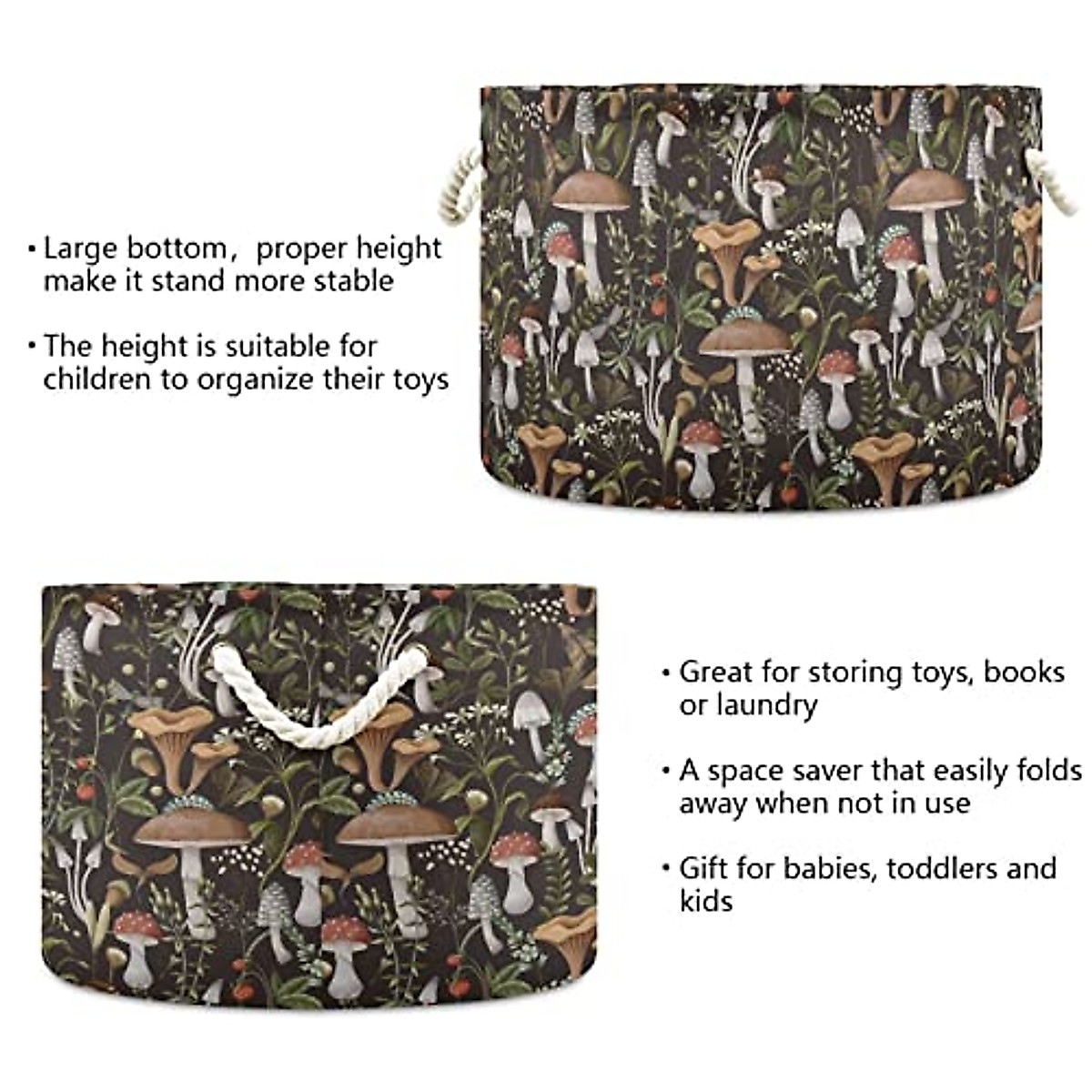 Kigai Fairytale Mushroom Large Toy Storage Basket for Kids with Handles, Round Laundry Storage Organizer, Throw Blanket Basket for Living Room, 20”x14”