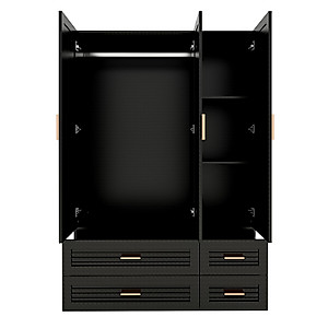 Keloyid Tall Armoire Wardrobe Closet with 4 Drawers, 3-Tier Shelves & Hanging Rod, 3 Louver Doors Wooden Closet Storage Cabinet for Bedroom, Black
