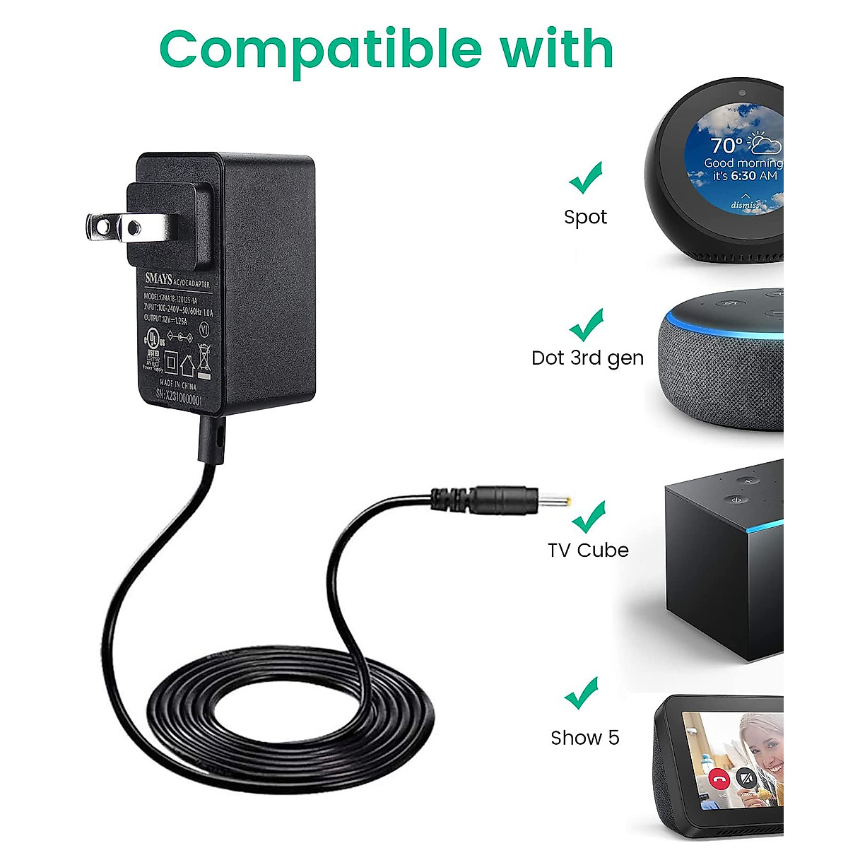 15W Power Cord Replacement for Alexa Echo Dot 3rd Gen / 4th Gen, Echo Show 5 1st Gen / 2nd Gen, Dot with Clock, Dot Kids Edition, Fire TV Cube, DC Charger Adapter with 5ft Cable
