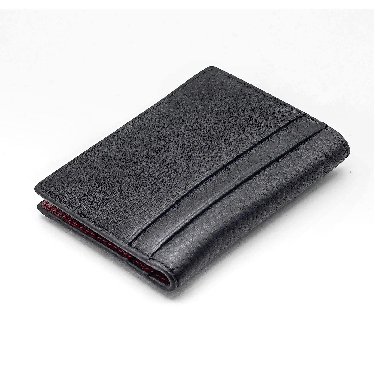 The Tanned Cow- Slim Minimalist Cardholder Wallet for Men Women, Mini Thin Leather Bifold, Compact, Front Pocket Credit Card Holder with RFID Blocking, Gift Box (Bubble leather, Black/Sangria Red)