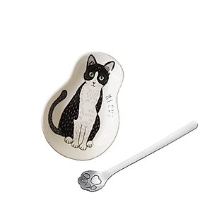 KiaoTime Coffee Spoon Rests and Spoon - Ceramic Cute Cat Spoon Rest Teaspoon Holder Coffee Station Decor Coffee bar Coffee Stirrers Holder for Home Kitchen Accessories
