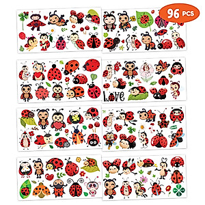 Ladybug Temporary Tattoos Sticker for Kids 8 Sheet (96 Pcs) Bug Themed Birthday Party Decorations Supplies Favors Gifts Ideas for Girls Boys Baby Showers Prizes Cute Beetle Tattoo Classroom Reward
