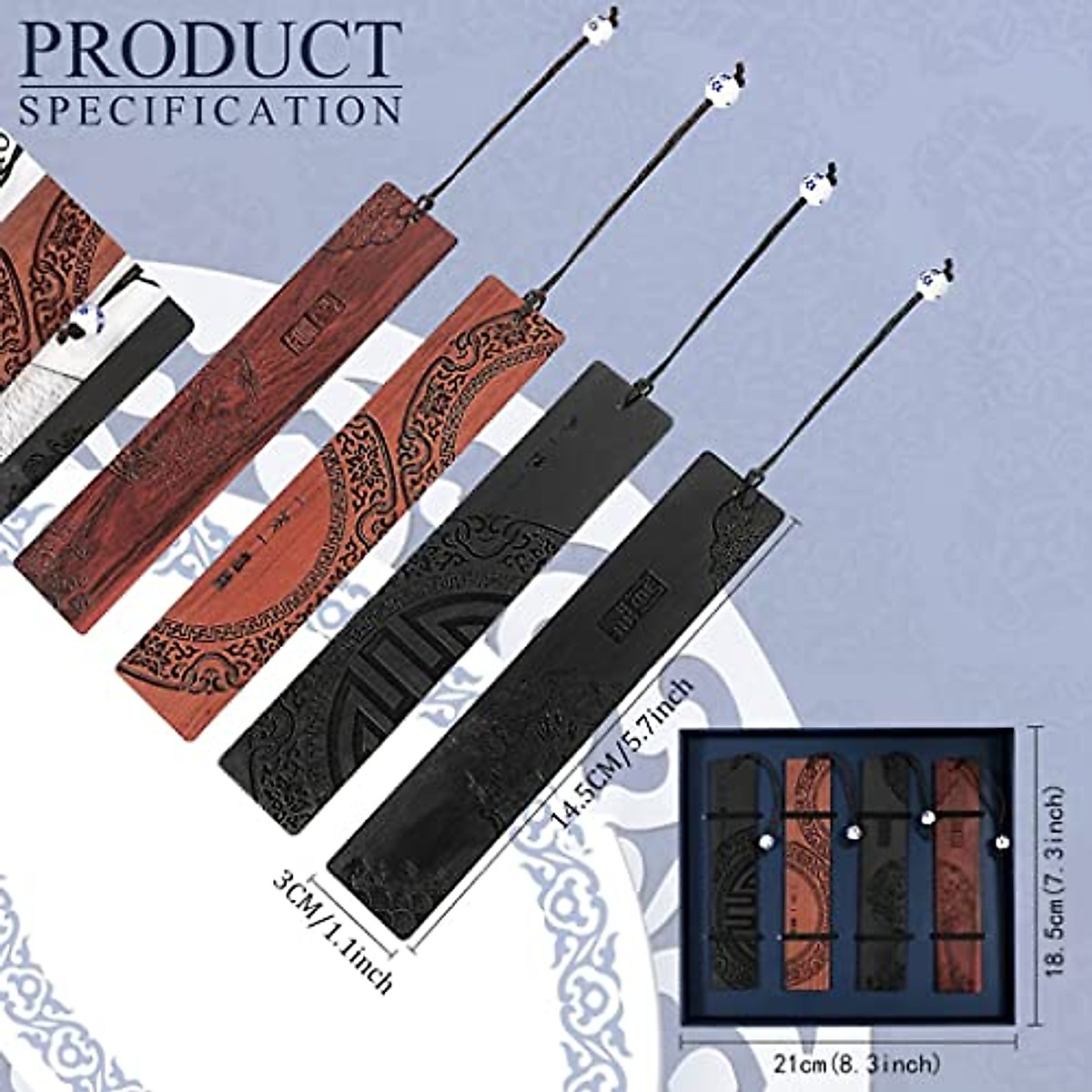 GGFLY 4pcs Traditional Style Wood Handmade Bookmark Carving Box Set for Teachers Men and Women Birthday Gift (Including Box)