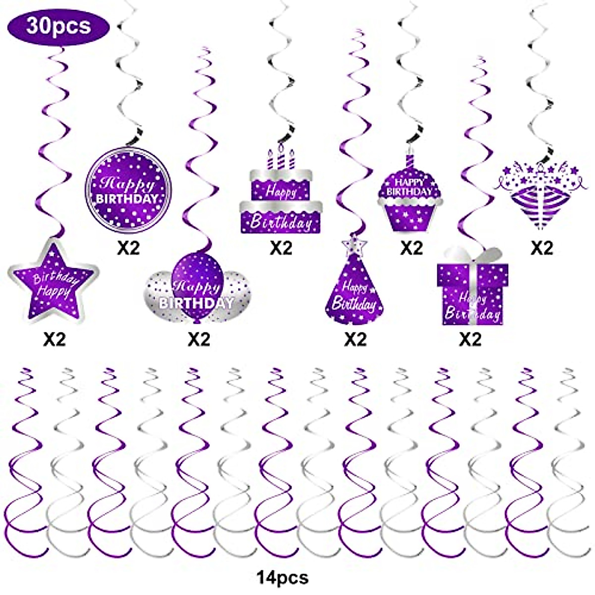 30Pcs Purple Silver Happy Birthday Decorations Hanging Swirls Party Supplies, Happy Birthday Foil Swirl Decor for Women Girls, 10th 16th 18th 21st 30th 40th 50th 60th Ceiling Swirl Sign