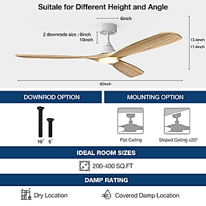 60 Inch Smart Ceiling Fan with Lights, Wood Blades Ceiling Fan with Remote, Alexa, App Controls, Quiet DC Motor 6 Speed, Timing, High CFM, Dimmable LED Light for Home Office, White + Natural Wood