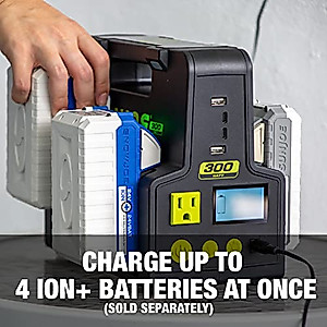 Sun Joe 24V-300WI 24-Volt iON+ Cordless Hot-Swap Powered Inverter Generator Power Station W/AC Adapter, 2.7-Amp AC Receptacle, 2X USB Type A &C, 3 Watt LED Spotlight