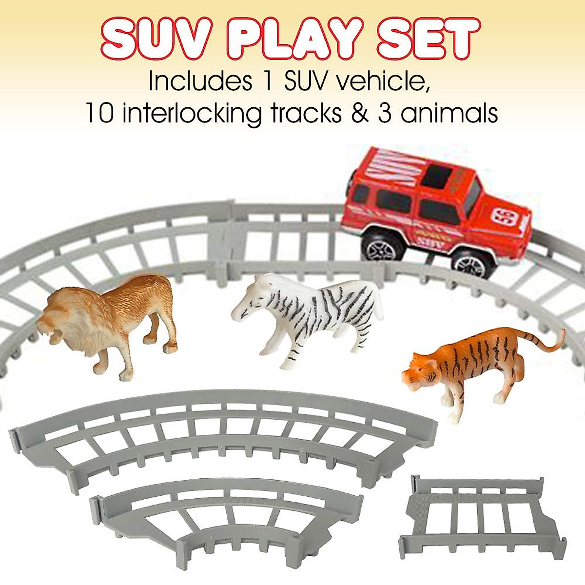 ArtCreativity Battery Operated SUV Playset for Kids, Adventure Play Set with 3 Animal Figurines, 10 Tracks, and SUV Safari Car with Lights and Sounds, Best Car Gifts for Boys and Girls