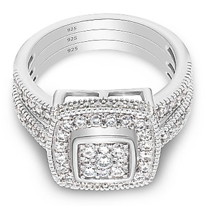 SAVEARTH DIAMONDS 1 Carat Round Cut Lab Created Moissanite Diamond Square Cluster Engagement Trio Ring In 14K White Gold Over Sterling Silver Wedding Ring Band Set(VVS1 Clarity, 1 Cttw)-6