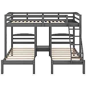 TARTOP Full Over Twin Bunk Bed with Small Drawers & Ladder for Kids/Adults Bedroom,3 in 1 Triple Bunkbed,Solid Pinewood Bedframe w/Safety Guardrals,Space Saving Design & No Box Spring Needed, Gray