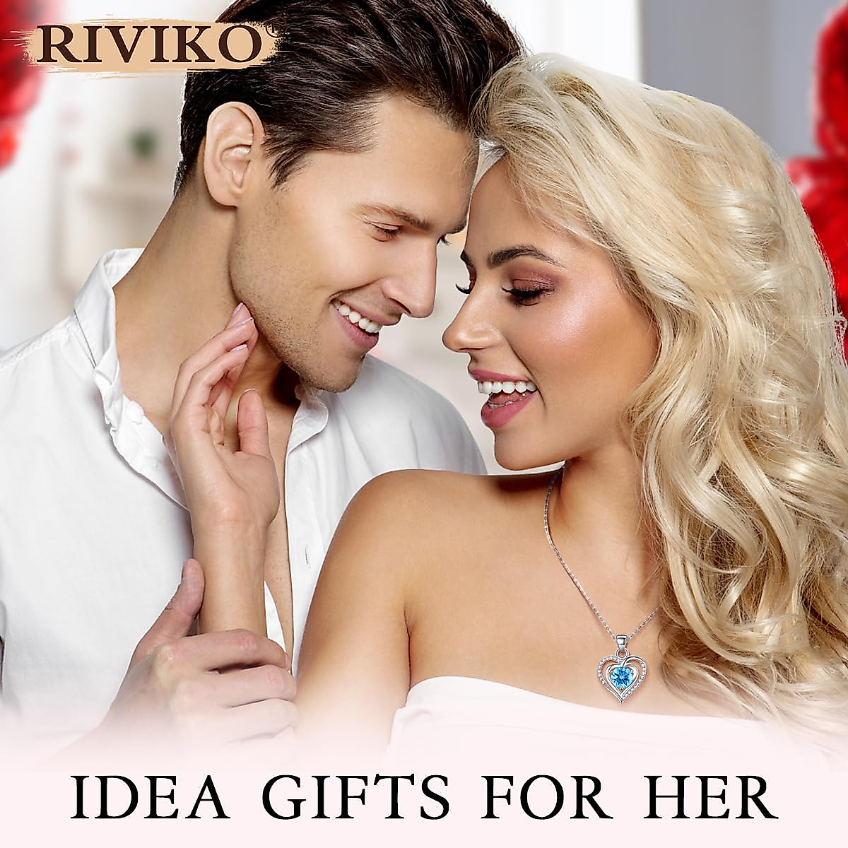 RIVIKO Heart Birthstone Pendant Necklace for Women 925 Sterling Silver Zirconia March Necklaces Christmas Valentine's Day Mothers Day Jewelry Gifts For Her Mother Wife