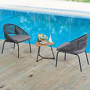 wOod-it 3 Pieces Woven Rope Bistro Set, Patio Outdoor Furniture Conversation Sets with Chairs, Coffee Table and Cushions for Porch, Poolside, Balcony, Garden, Backyard (Black)