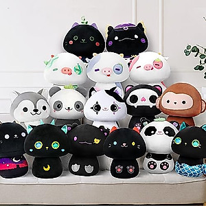Mewaii 8 Inch Mushroom Plush, Cute Cat Plush Pillow Soft Plushies Squishy Pillow, Black Cat Stuffed Animals, Kawaii Cow Plush Toys Home Decoration Gift for Girls Boys