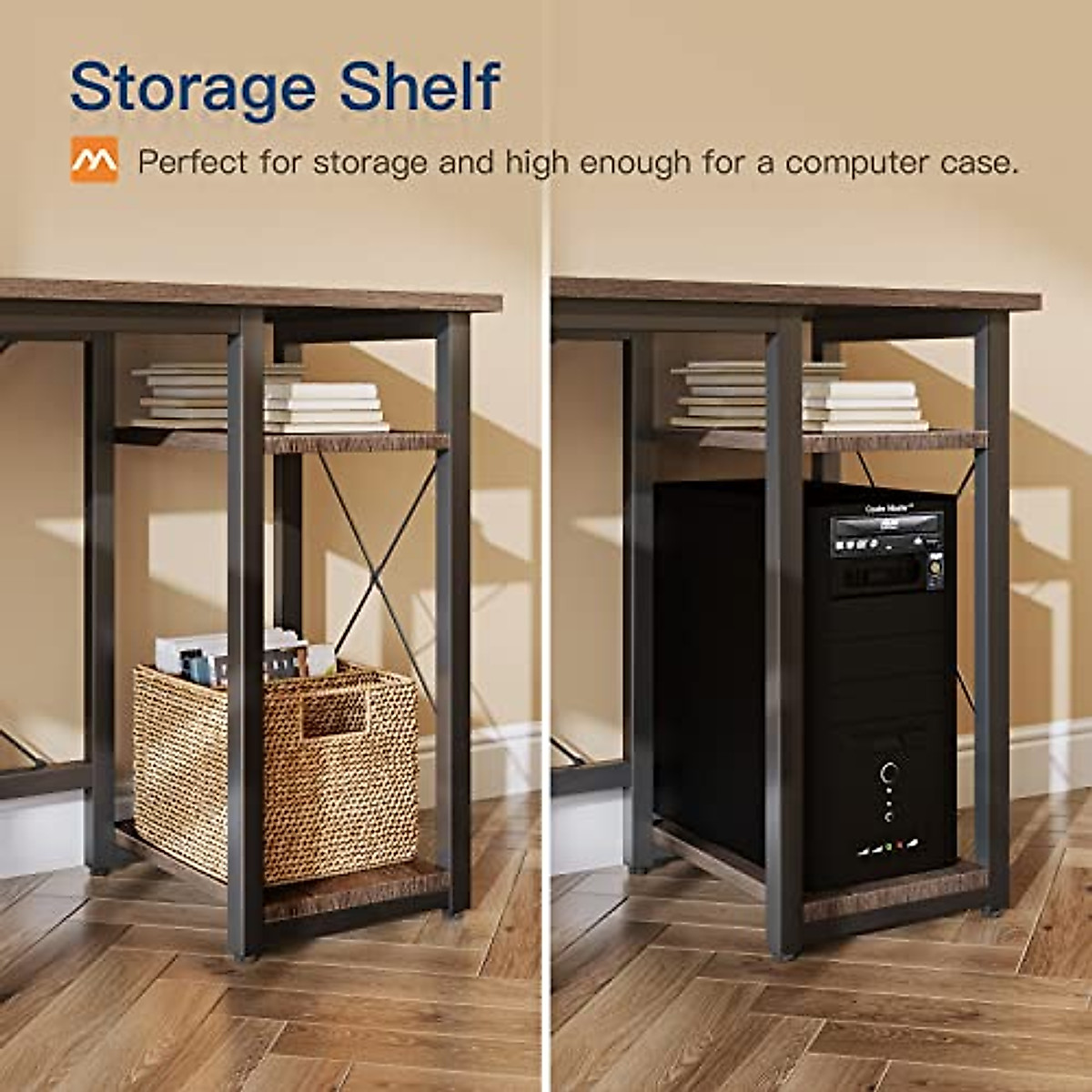 Coleshome L Shaped Computer Desk 66" with Storage Shelves, Corner Gaming Desk, Sturdy Writing Desk Workstation, Modern Wooden Desk Office Desk, Wood & Metal, Grey Oak