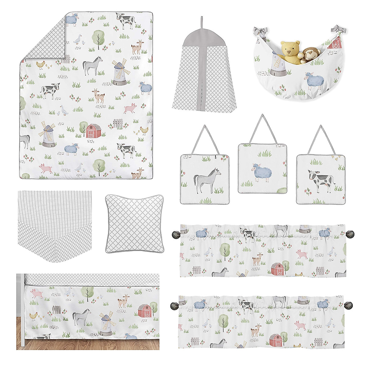 Sweet Jojo Designs Farm Animals Baby Boy or Girl Nursery Crib Bedding Set - 11 Pieces - Watercolor Farmhouse Lattice Horse Cow Sheep Pig