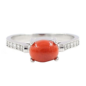 925 Sterling Silver Natural Red Coral 8X6 MM Oval Cut May Birthstone Solitaire Unisex Proposal Ring Engagement Gift For Bridal (Yellow Gold Rhodium Plated Silver, 6.5)