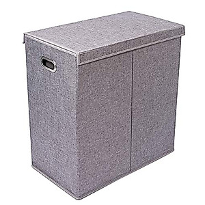 BIRDROCK HOME Premium 2 Section Linen Collapsible Laundry Hamper with 4 Load Capacity | Removable Mesh Bags, Magnetic Lid and Sturdy MDF Board | Stylish Dual Compartment Clothes Hamper | Grey