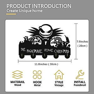 The Nightmare Before Christmas Hooks-Jack Skellington Decor Wall Hooks,Wall Décor,Coat Hooks,Key Holder,Key Hanger for Wall、Entryway and Kitchen-11.8×7.8Inch、 Black 、Eco-Wood