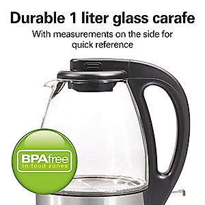 Hamilton Beach Glass Electric Tea Kettle, Water Boiler & Heater, 1 L, Cordless, LED Indicator, Auto-Shutoff & Boil-Dry Protection (40930), Clear