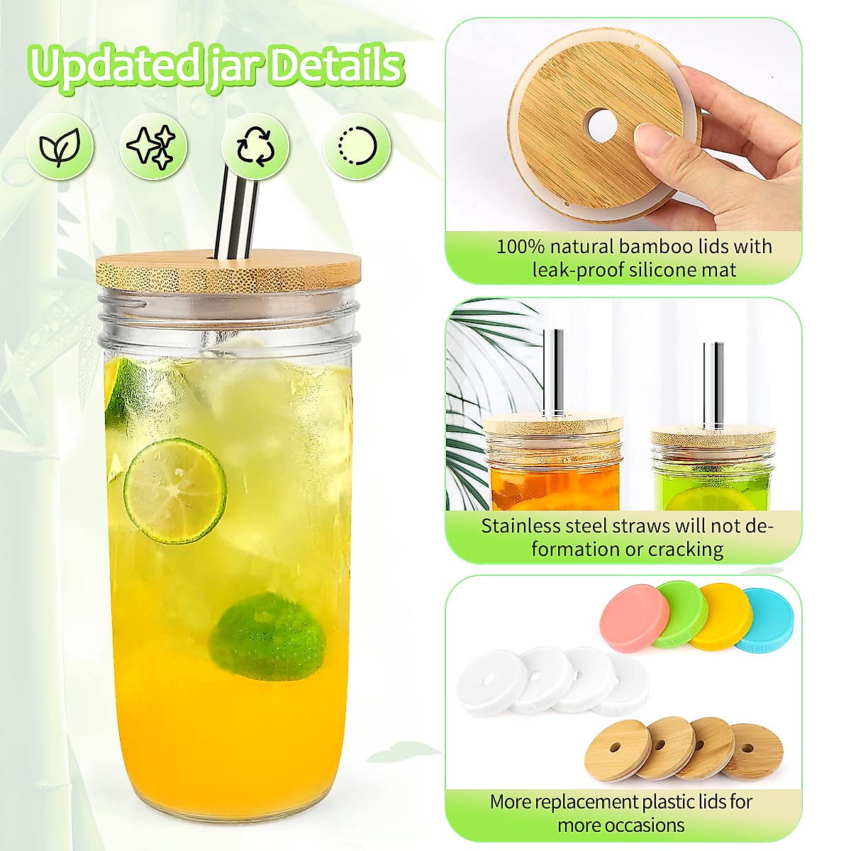 [ 4 Pack ] Glass Cups Set - 24oz Mason Jar with Straw Reusable Wide Mouth Bubble Smoothie Bobo Iced Coffee Cup w 12 Airtight Lids Brush,Tumbler Drinking Bottle for Pearl Tea, Juice