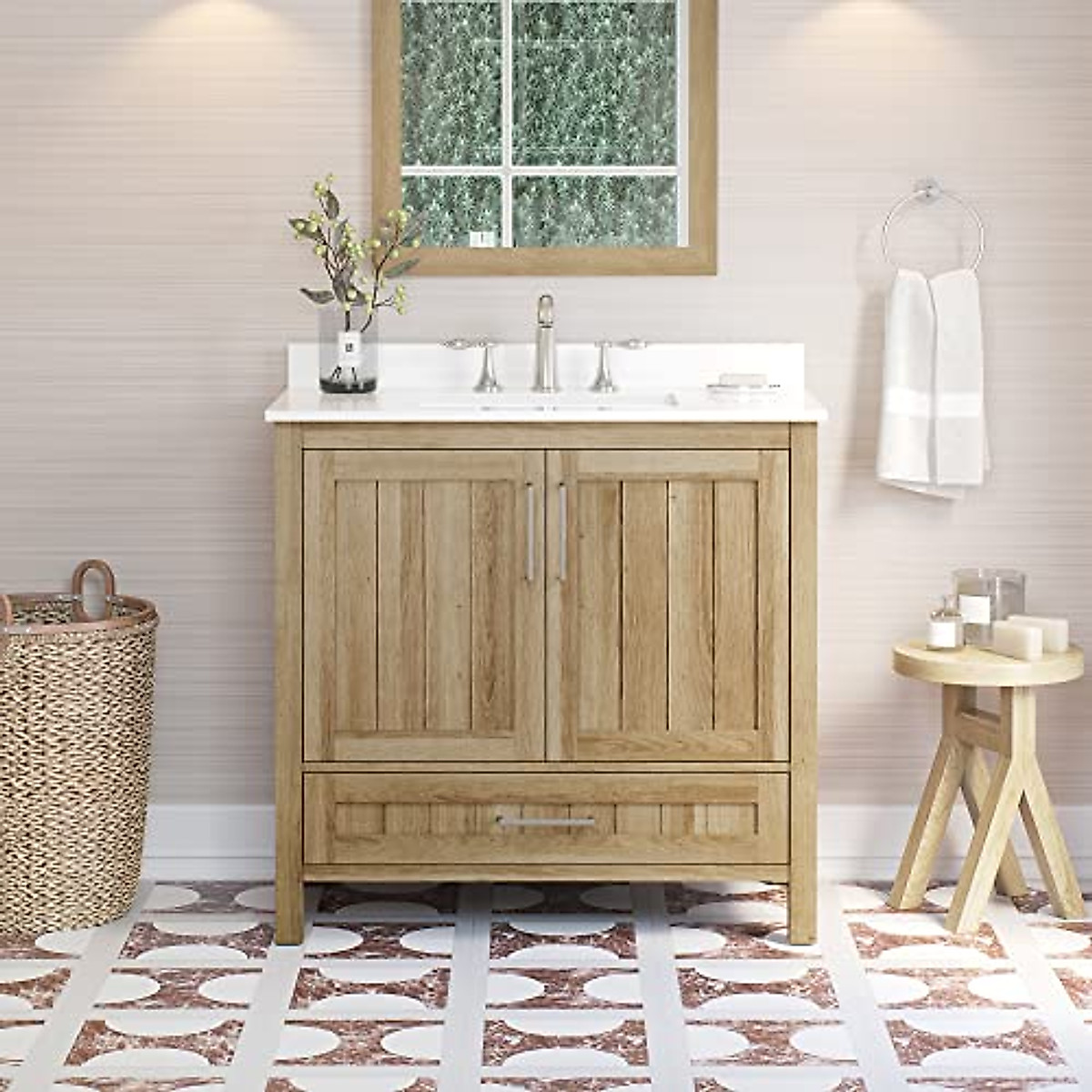 OVE Decors Kansas 36" Single Sink Bathroom Vanity Set with Countertop, Fully-Assembled | Ceramic Sink and Backsplash Included | 02 Doors, 01 Drawer, 36 inches, White Oak