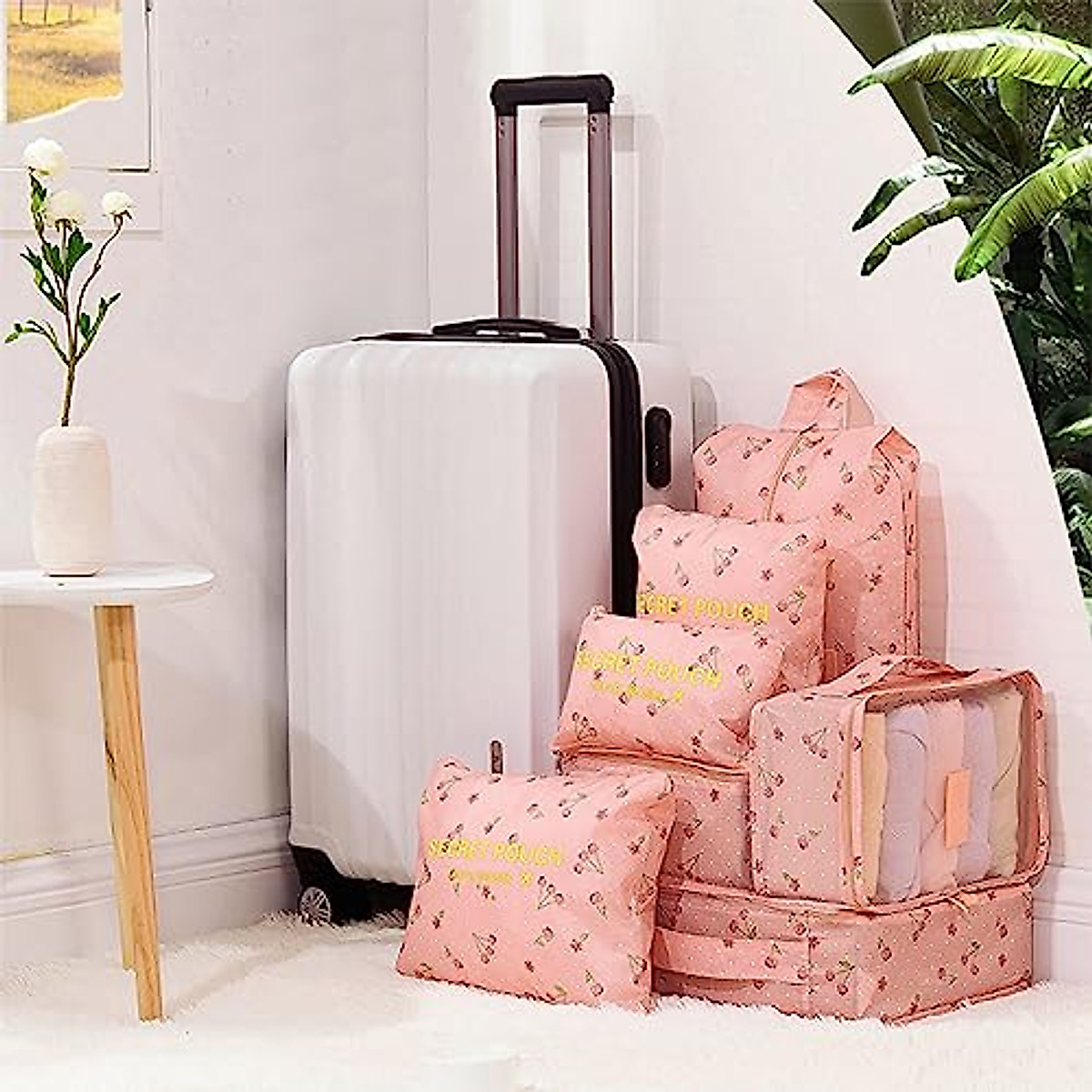 Laebevon 7 Set Packing Cubes with Shoe Bag - Travel Luggage Organizer, Pink Cherry