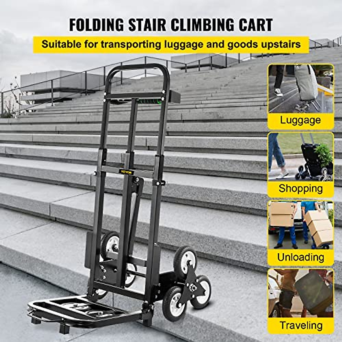 VEVOR Stair Climbing Cart, Portable Folding Trolley with 8 Wheels, 460 Lb Capacity Stair Climber Hand Truck with Adjustable Handle for Pulling, All Terrain Heavy Duty Dolly Cart for Stairs, Black