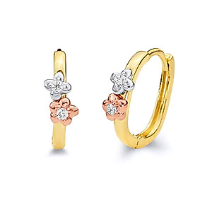 14k REAL Tri Color Gold 4mm Thickness Flower CZ Hoop Huggie Earrings (12 x 12 mm)