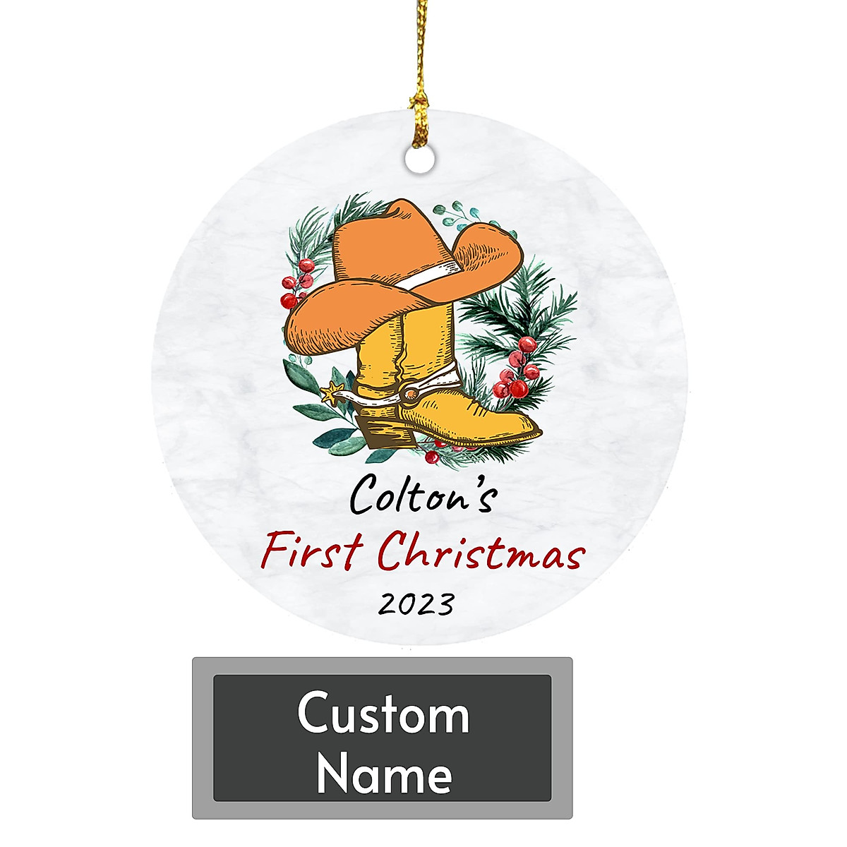 MeMate Personalized Babys First Christmas 2023 Ceramic Ornament, Western Baby's 1st Christmas Ornaments Keepsake, Cowboy Baby Name Ornaments, Christmas Decoration for Newborn