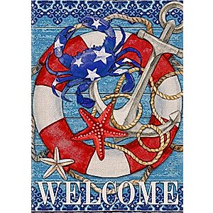 Furiaz Welcome Summer Nautical Crab Decorative Small Garden Flag, Coastal Beach Anchor Lifebuoy Home Outside House Yard Decoration, Starfish Sea Ocean Farmhouse Outdoor Decor Double Sided 12 x 18