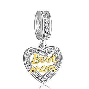 ENJOOOY Sterling Silver Mother Charm Best Mom Charm Pendant with 24k Gold Plating Heart Love Charm Bead fit Women Charm Bracelets